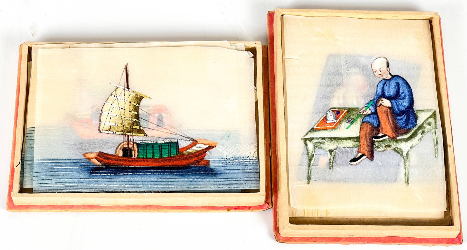 Chinese Pith Paper Works W Junk Boats & Figures Auction