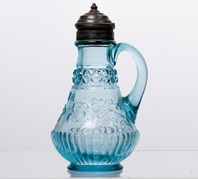 FLOWER EMBOSSED LIGHT BLUE PATTERN GLASS PITCHER