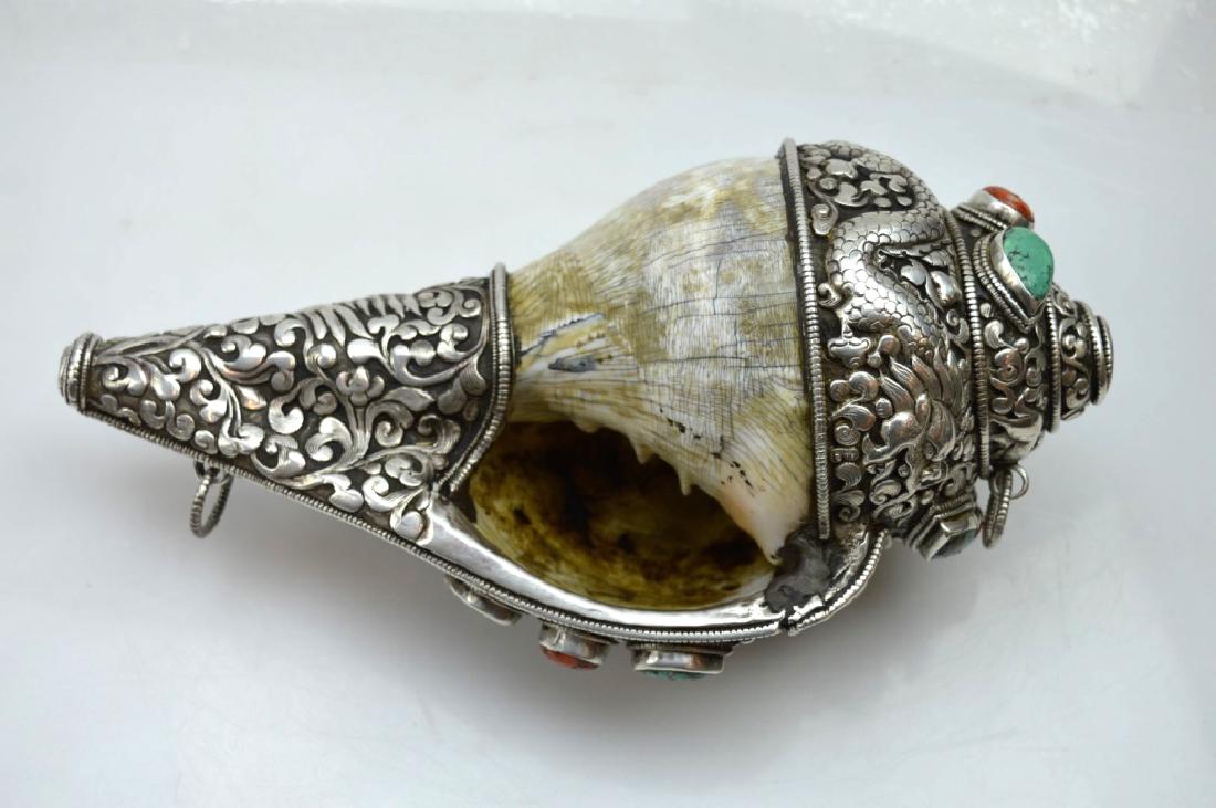 Tibetan Silver Mounted Ritual Conch Shell Horn