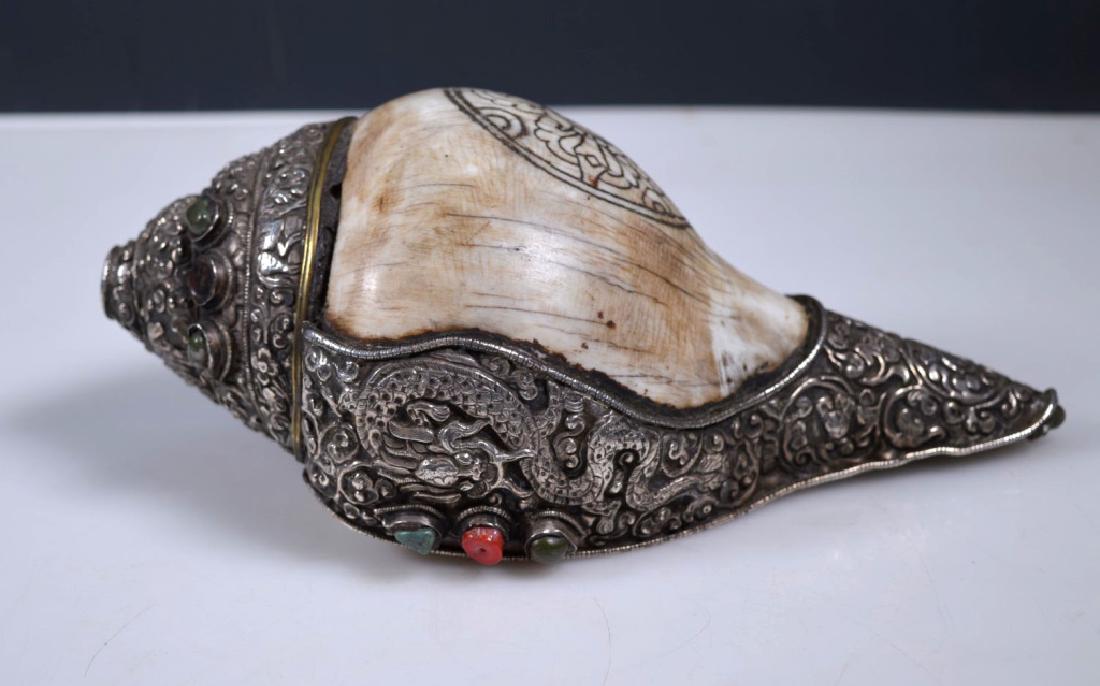 Antique Tibetan Silver & Conch Shell Ritual Horn
