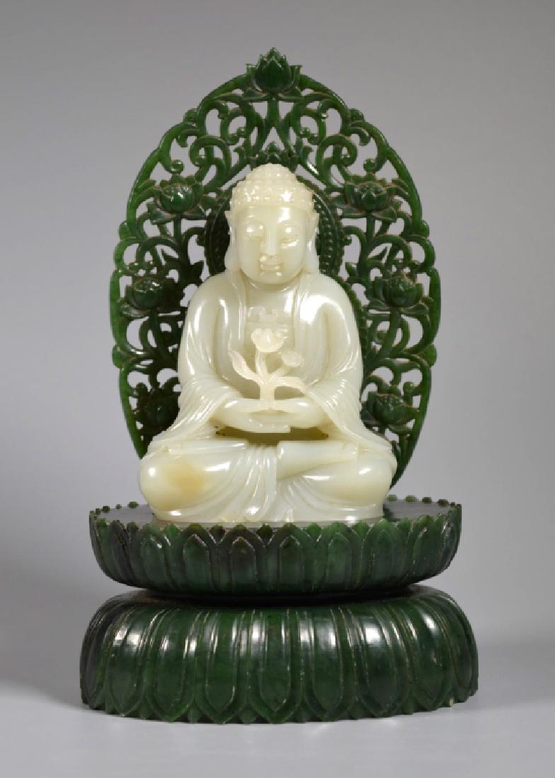Fine Chinese Jade Seated Buddha; Green Jade Stand