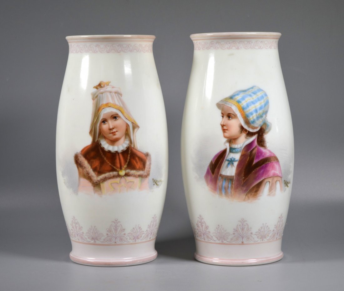 Lg Pr Bohemian Enameled Milk Glass Vases; Ahne ca. 1894
