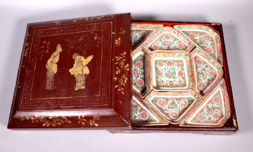 9 Chinese Rose Medalion Porcelain Dinner Set & Box