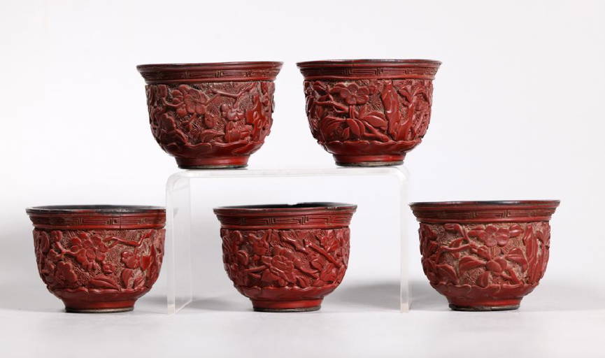 Rare Set 5 Chinese 17/18 C Cinnabar Lacquer Cups