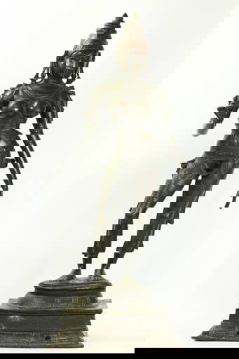 Large 17th C.indian Bronze Standing Parvati Figure