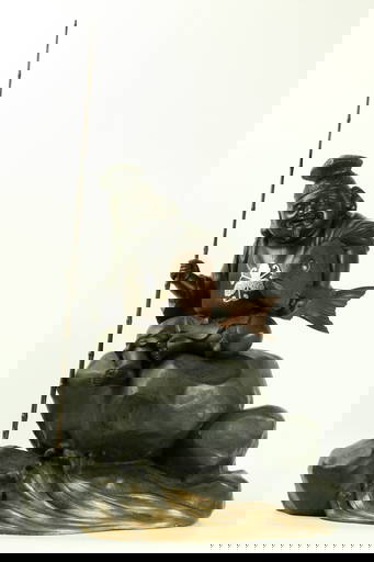 Large Japanese Bronze Okimono Ebisu & Fish