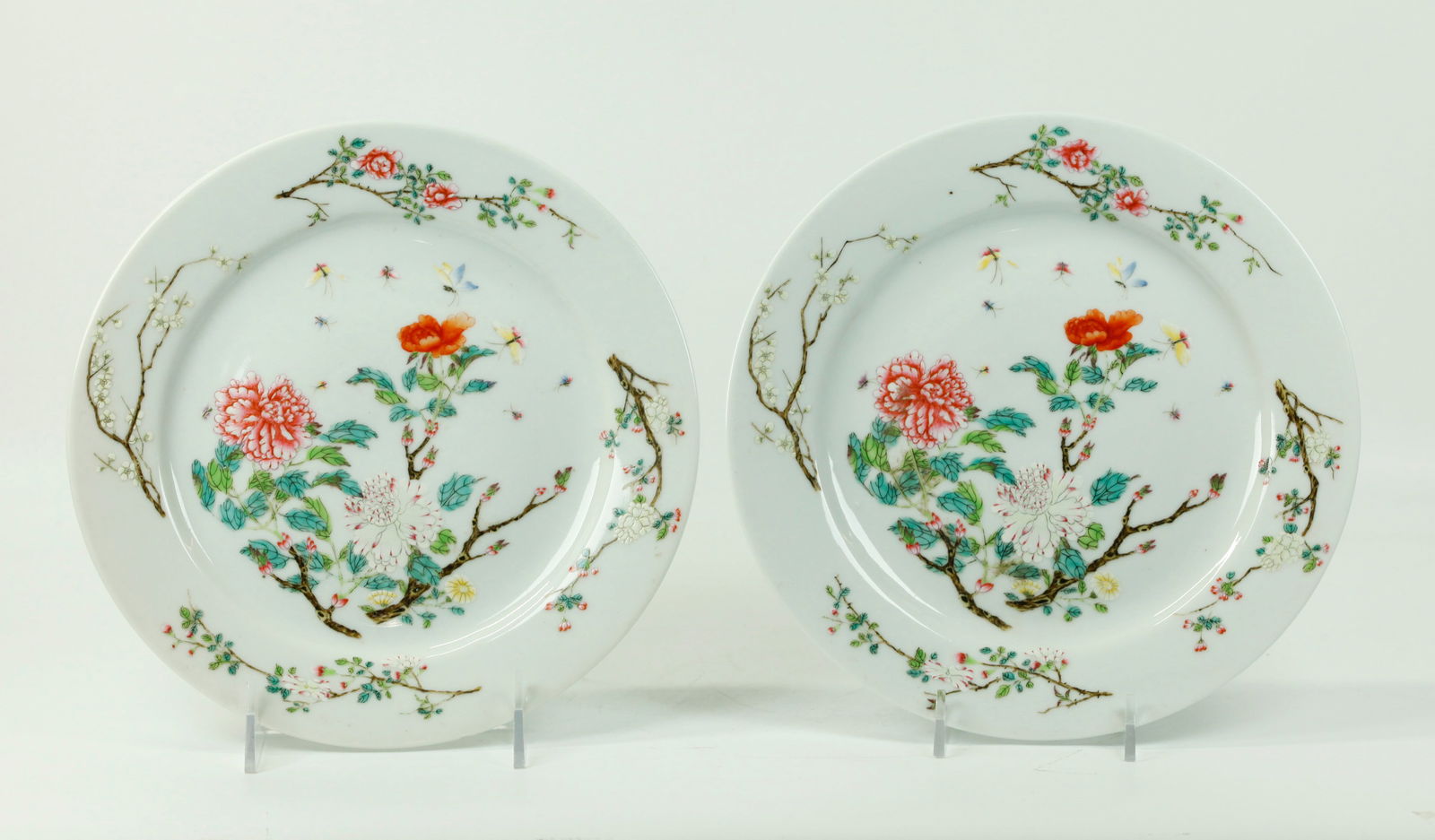Pr Fine Chinese Porcelain Peony Plates, Guangxu Auction