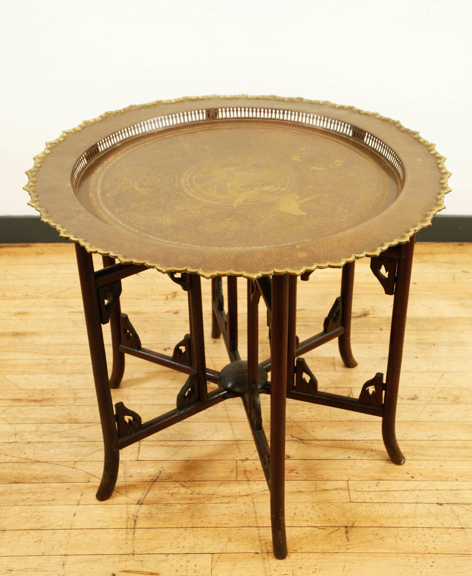 Lg Chinese Bronze Tray; Hard Wood Folding Base Auction