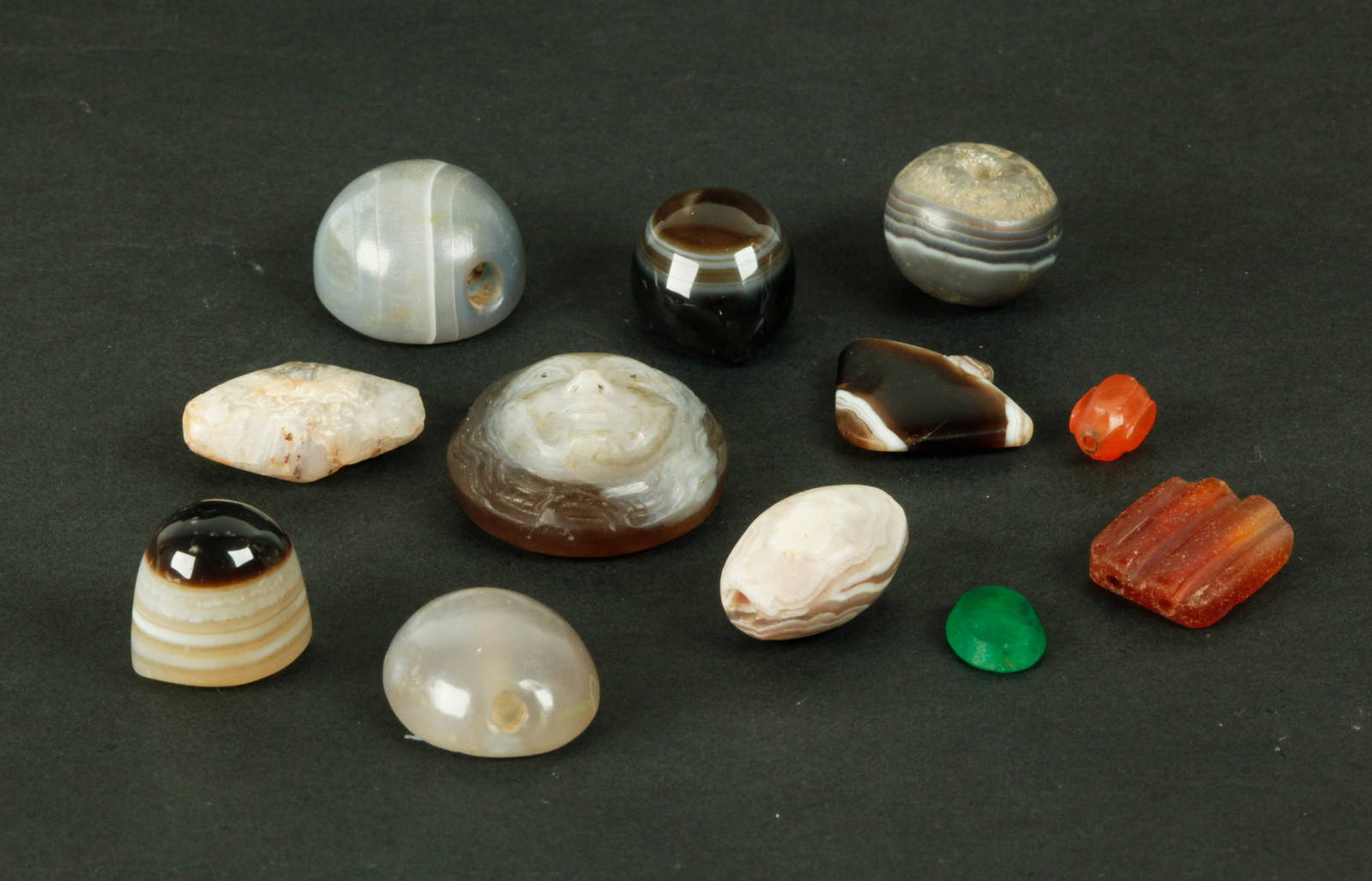 12 Antique Agates; 5 Carved 5 Beads, 2 Cabochons Auction