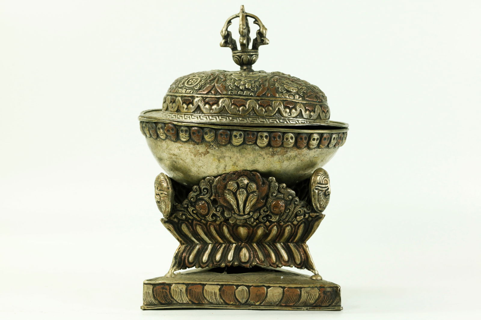 Tibetan 19th C Silver On Copper Kapala Skull Bowl Auction
