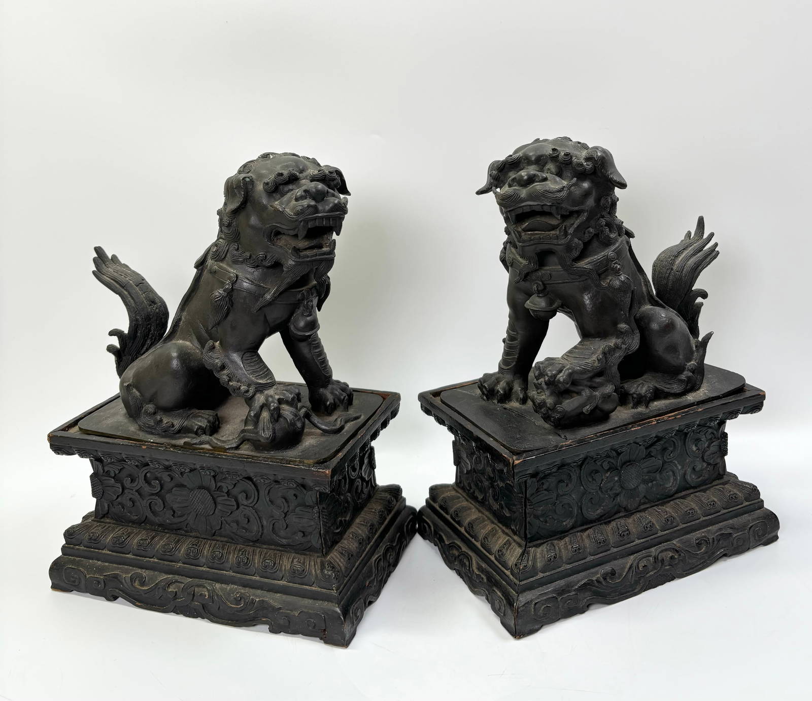 Pr Chinese Bronze Fu Lions; Wood Stands Auction