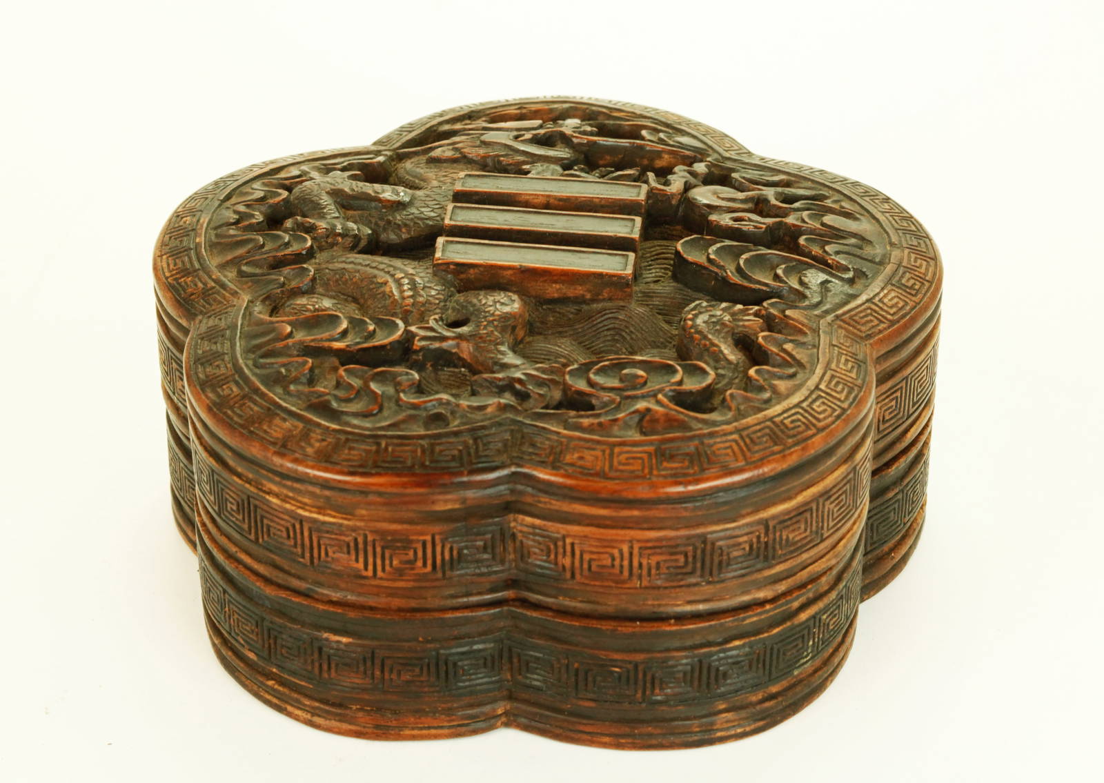 5 Lobed Chinese Carved Wood Dragon Box Auction