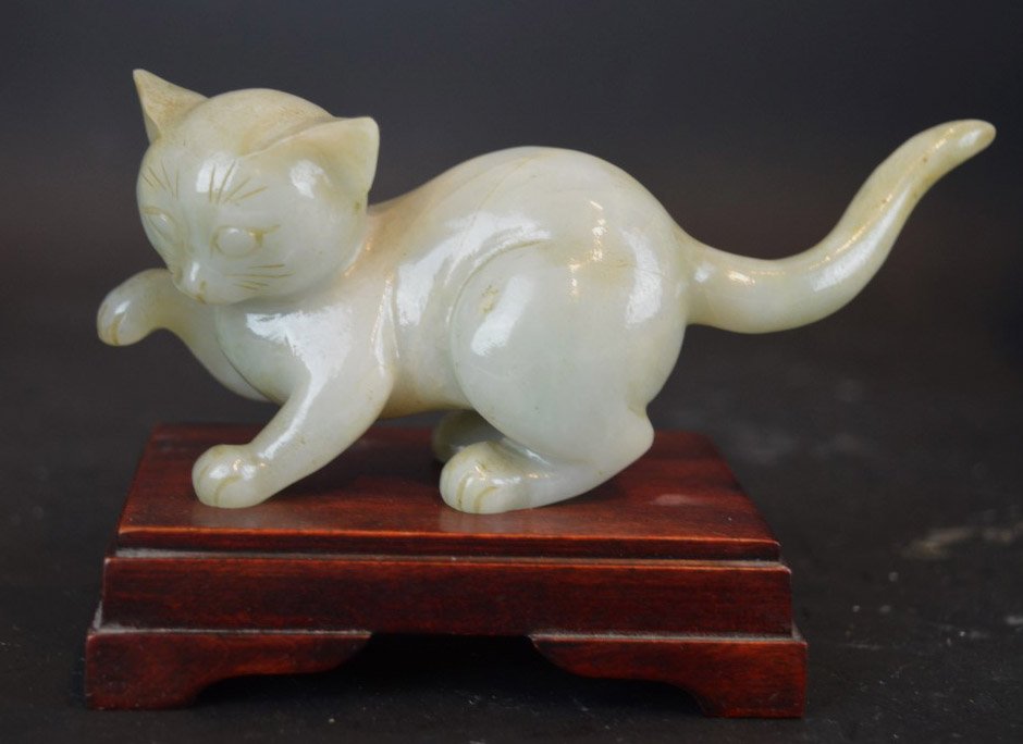 Chinese Well Carved Jadeite Cat On Stand