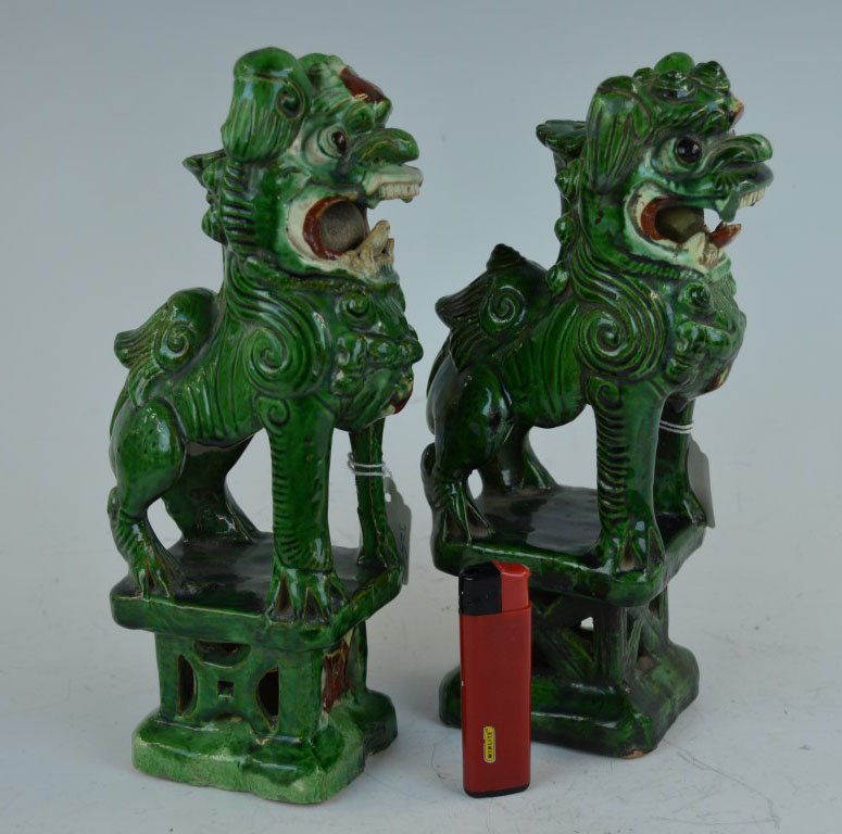 Pr. 19th C Chinese Green Glazed Ceramic Foo Dogs