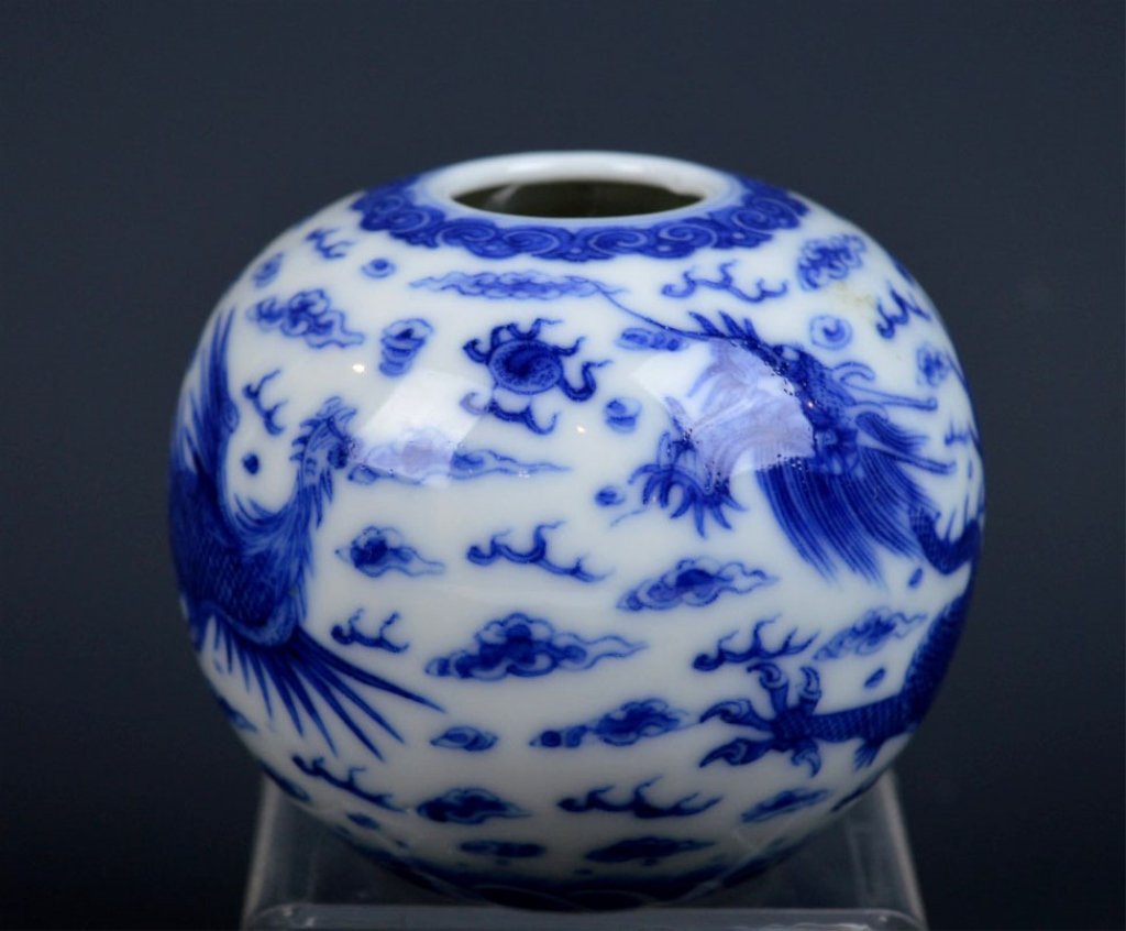 Chinese Underglaze Blue Dragon & Phoenix Water Jar