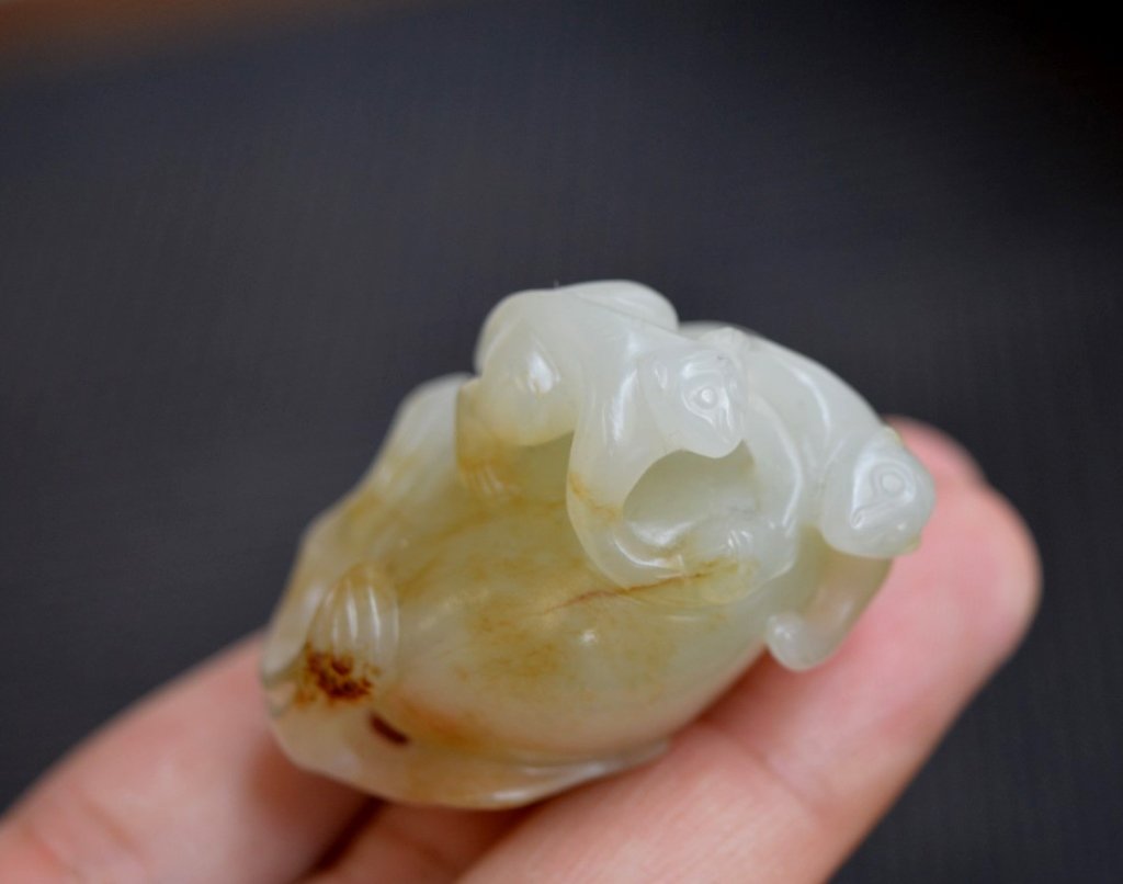 Fine Chinese White Jade & Skin Carving Of Monkeys