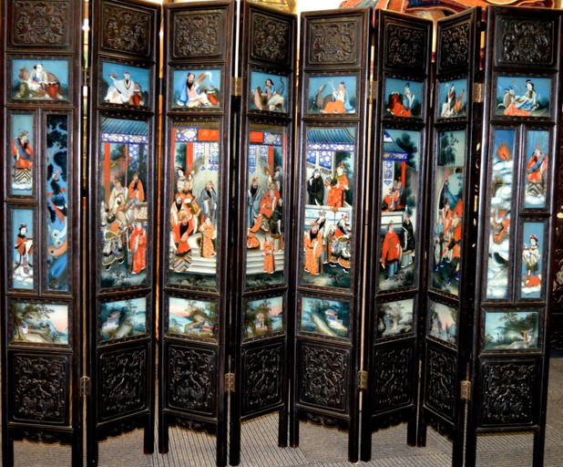 Rare 8 Panel Chinese Reverse Glass Painted Screen