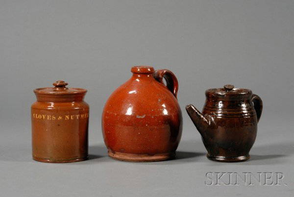 Three Redware Pottery Items, America, Early 19th Ce