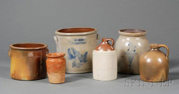 Six Assorted Redware And Stoneware Pottery Items,