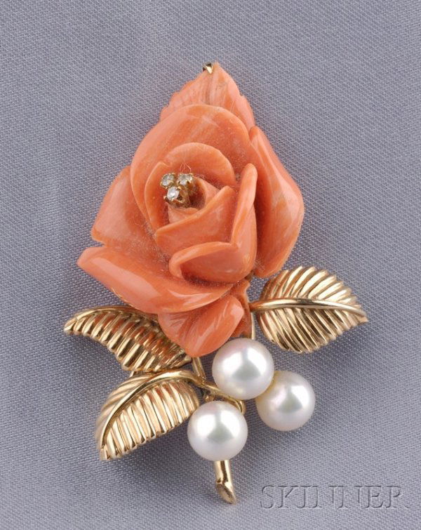 18kt Gold and Carved Coral Rose Brooch, Cartier, w - Dec 08, 2009 ...