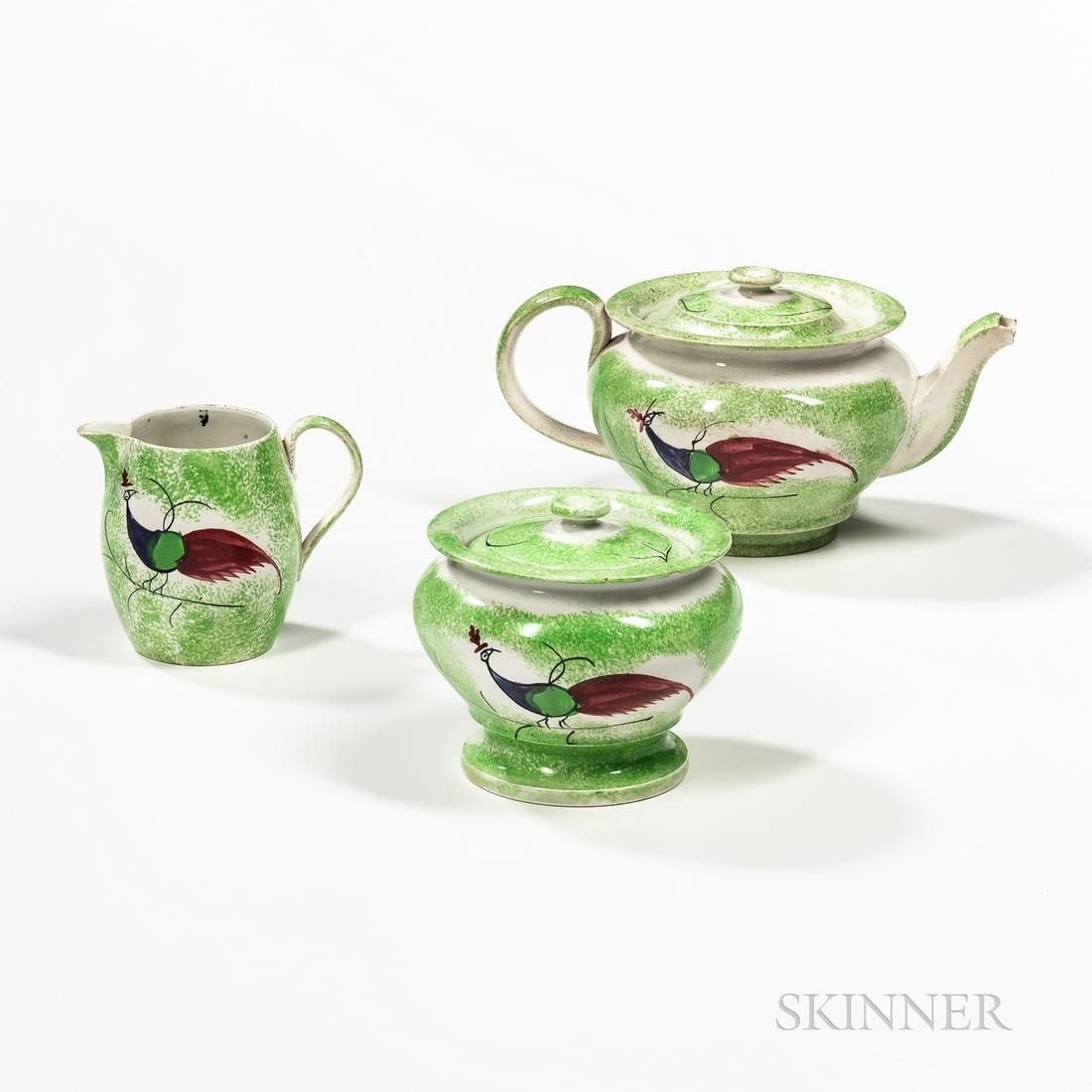 Three-piece Green Spatterware Peafowl Tea Set, England, (#1113) on Aug ...