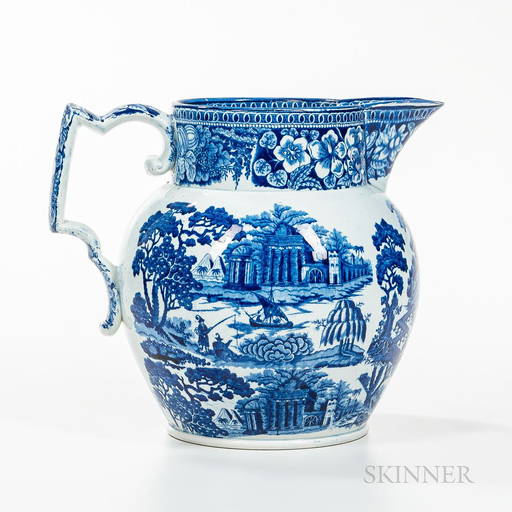 Blue Transfer Jug With Two Patterns, England, Or