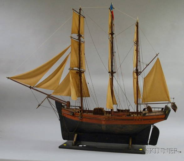 Painted Wooden Three Masted Sailing Ship Model, Ap