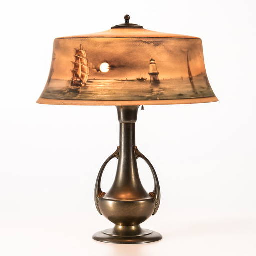 Pairpoint Table Lamp Painted With New Bedford Harbor Shade, New Bedford, Massachusetts, Early 20th