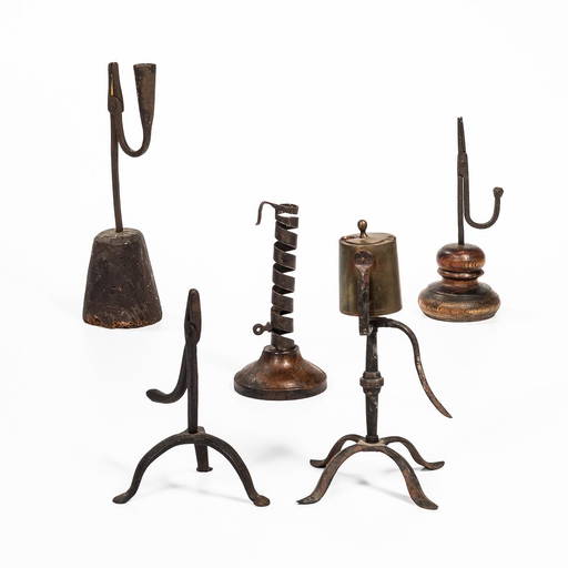 Five Early Lighting Devices, 18th/19th century, three rushlights, a ...