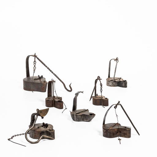 Seven Iron Betty Lamps, 19th Century, With Suspension Hooks, Ht. To 6 In.