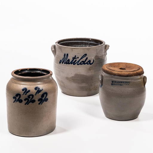 Three Stoneware Jars, America, 19th century, a three-gallon jar marked ...