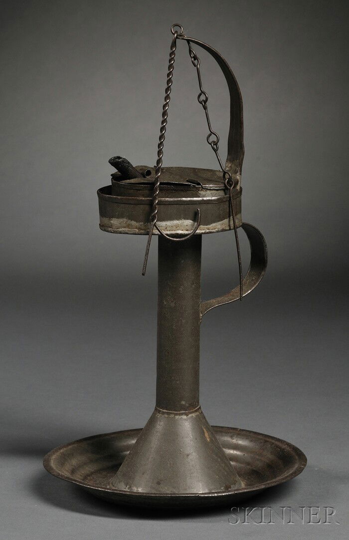 Tin Ipswich Betty Lamp On Stand, America, C. 1800,