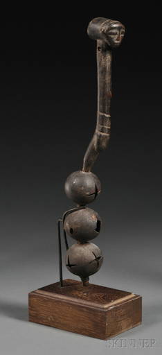 African Carved Wood Rattle, Luba, Wood Handle With