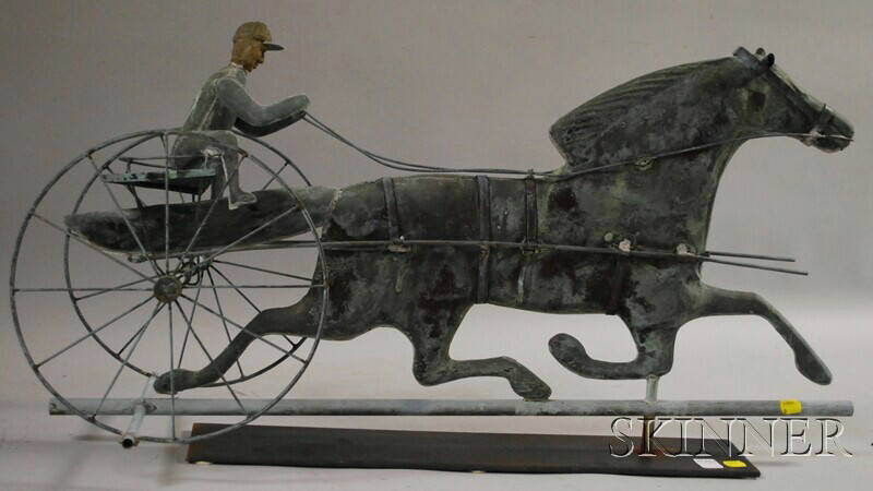 Patinated Molded Copper Horse, Driver, And Sulky