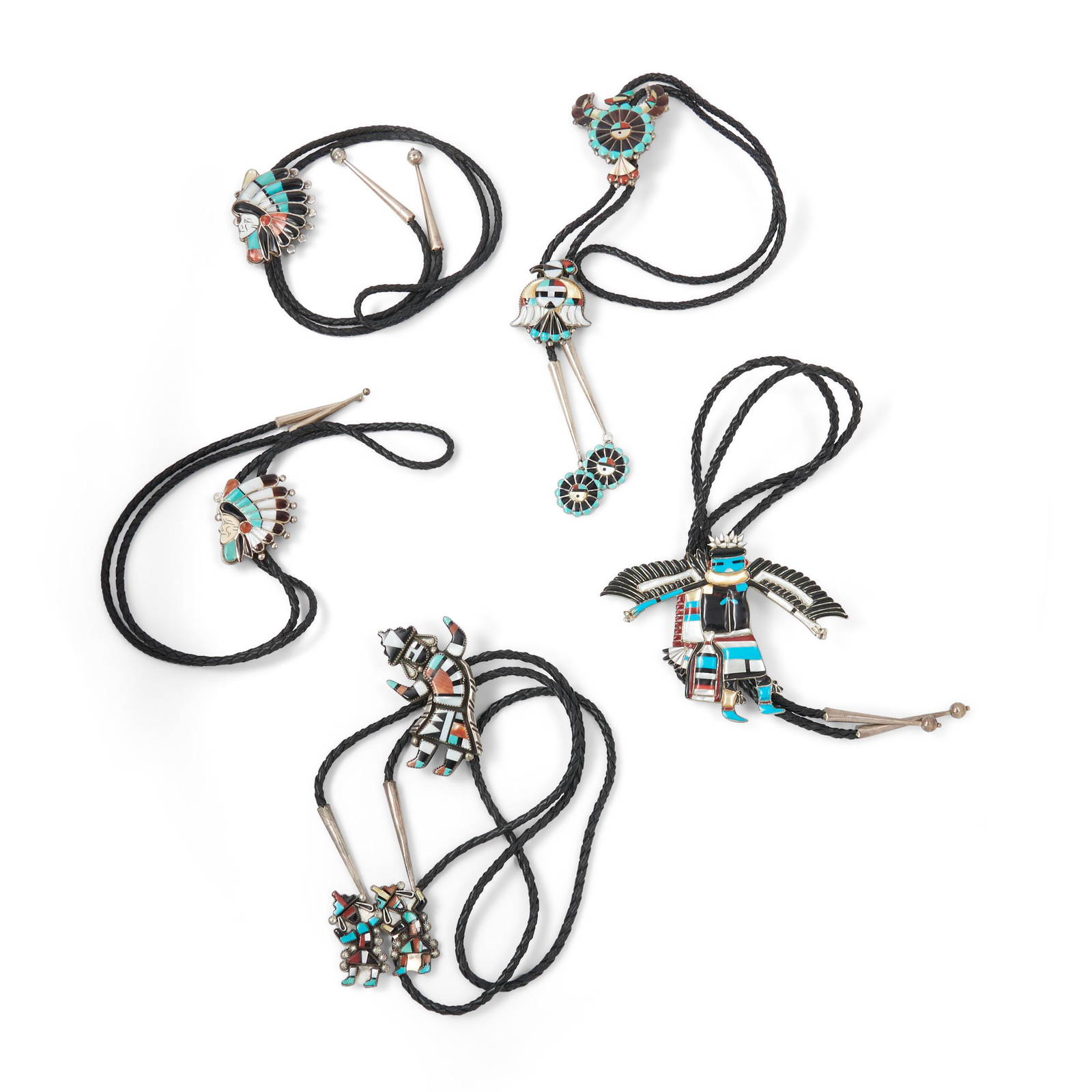 Five Zuni silver inlay bolo ties (#0248) on Mar 30, 2023 | Bonhams ...