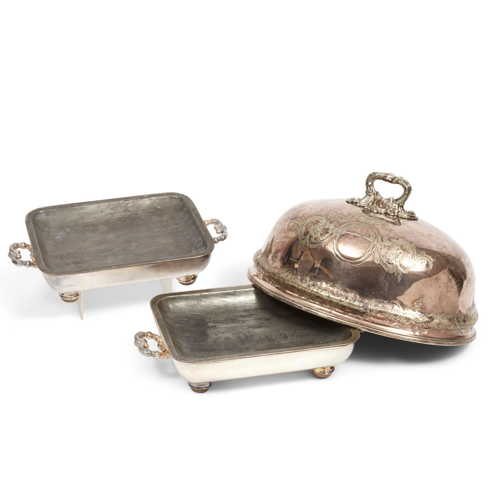 Pair Of Silver Warming Dishes And A Food Dome,