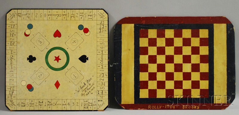 Two Polychrome Painted Game Boards, A Paperboard C