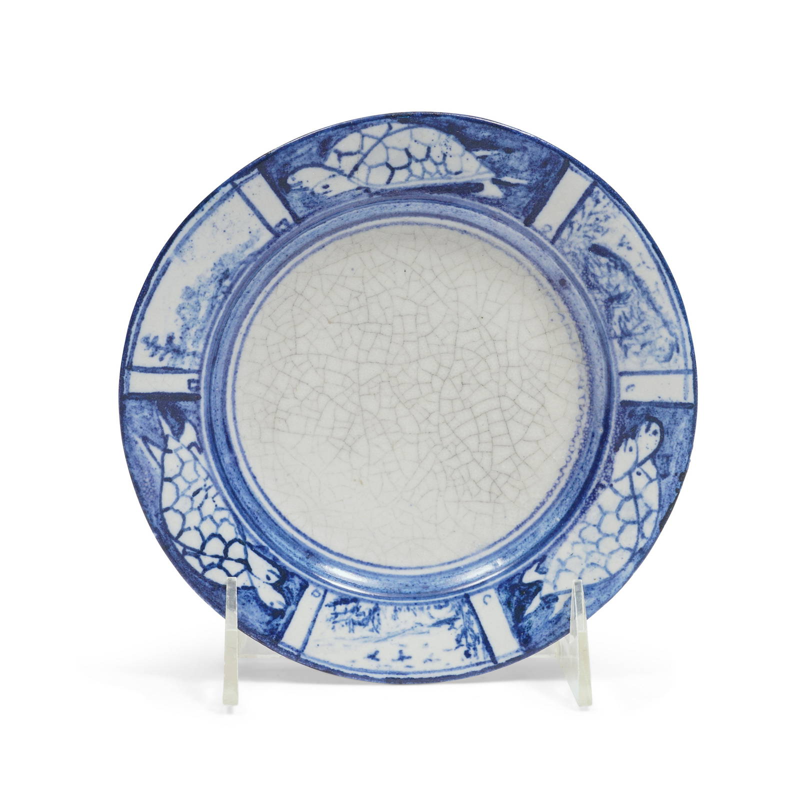 Dedham Pottery Turtles Alternating With Scenic Panels Dish Auction