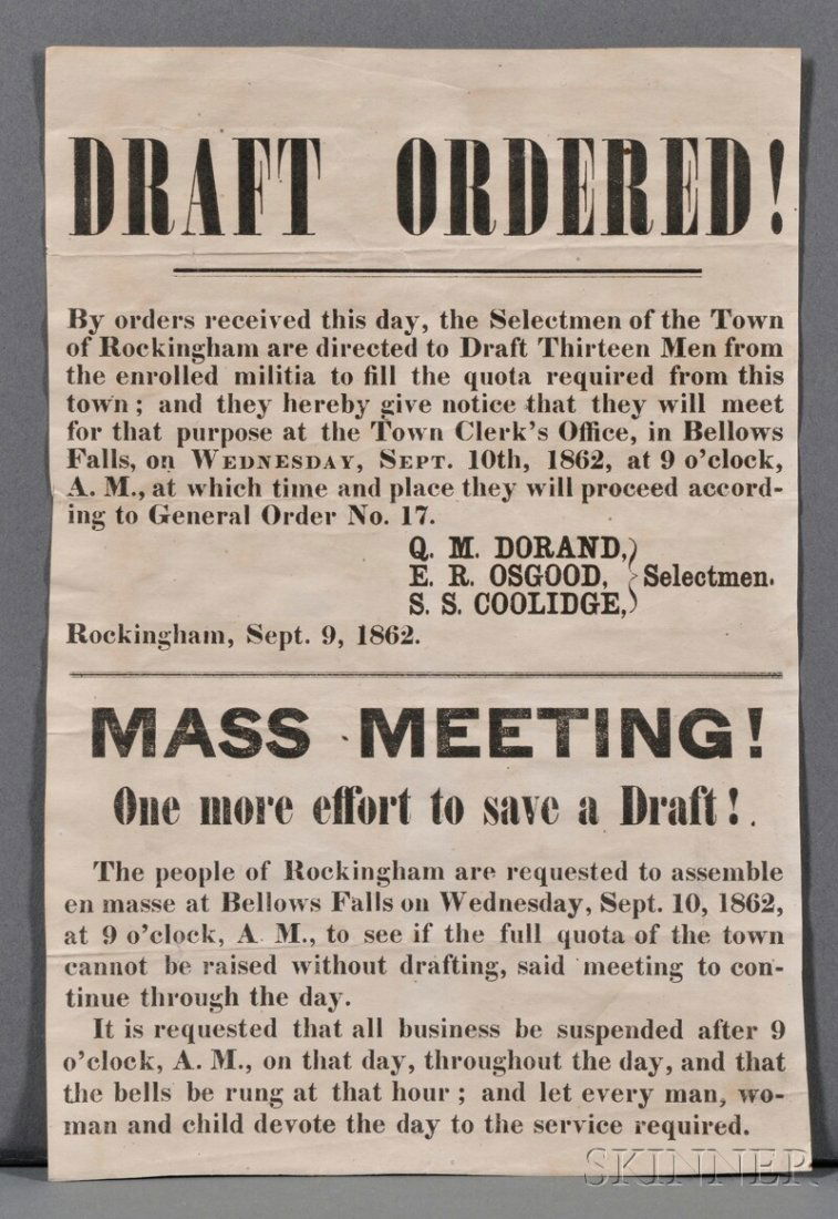 Civil War Draft Notice Broadside, Rockingham, Vermo