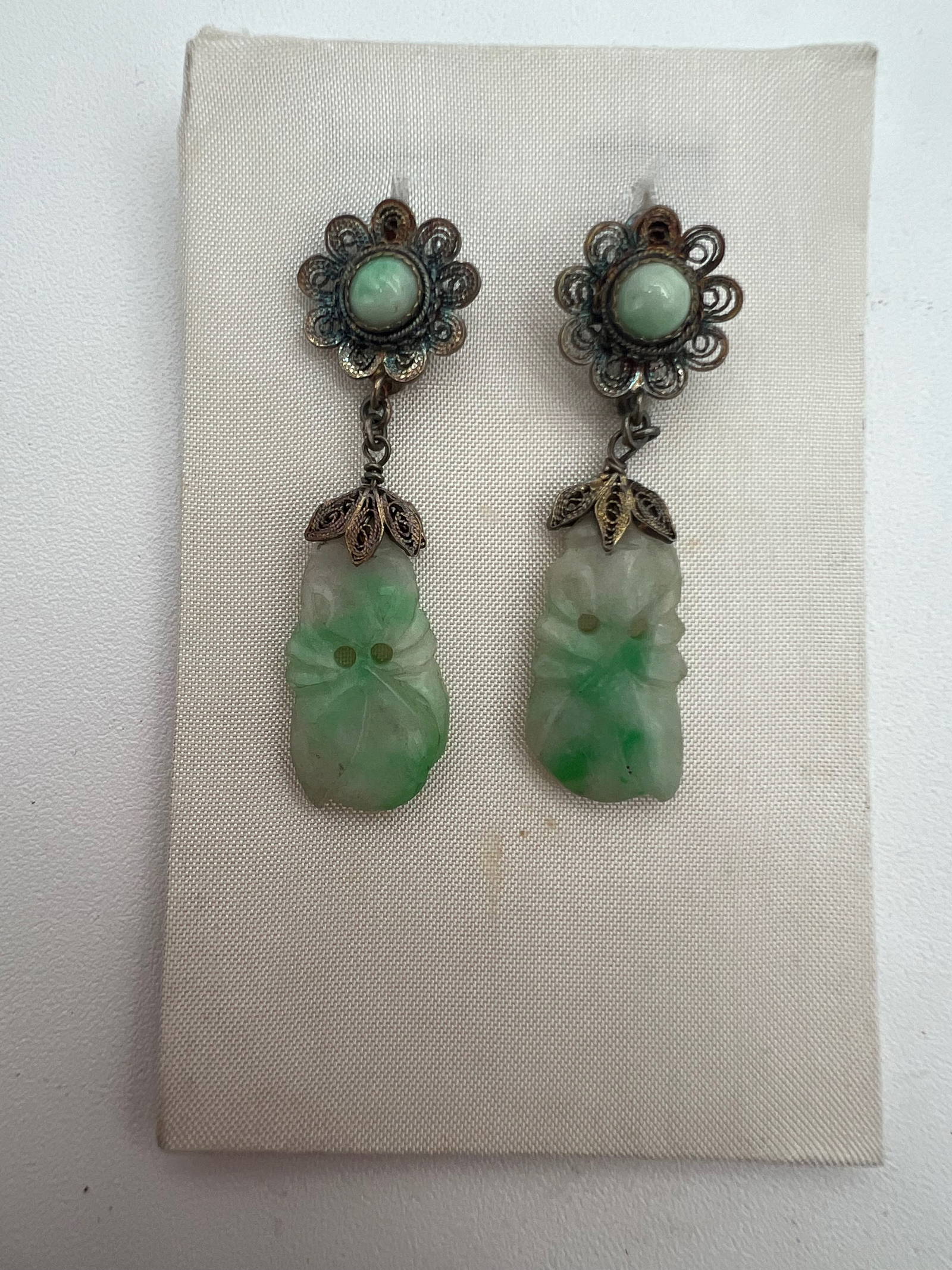 Pair Of Chinese Jadeite Earings With Silver Filigree Auction
