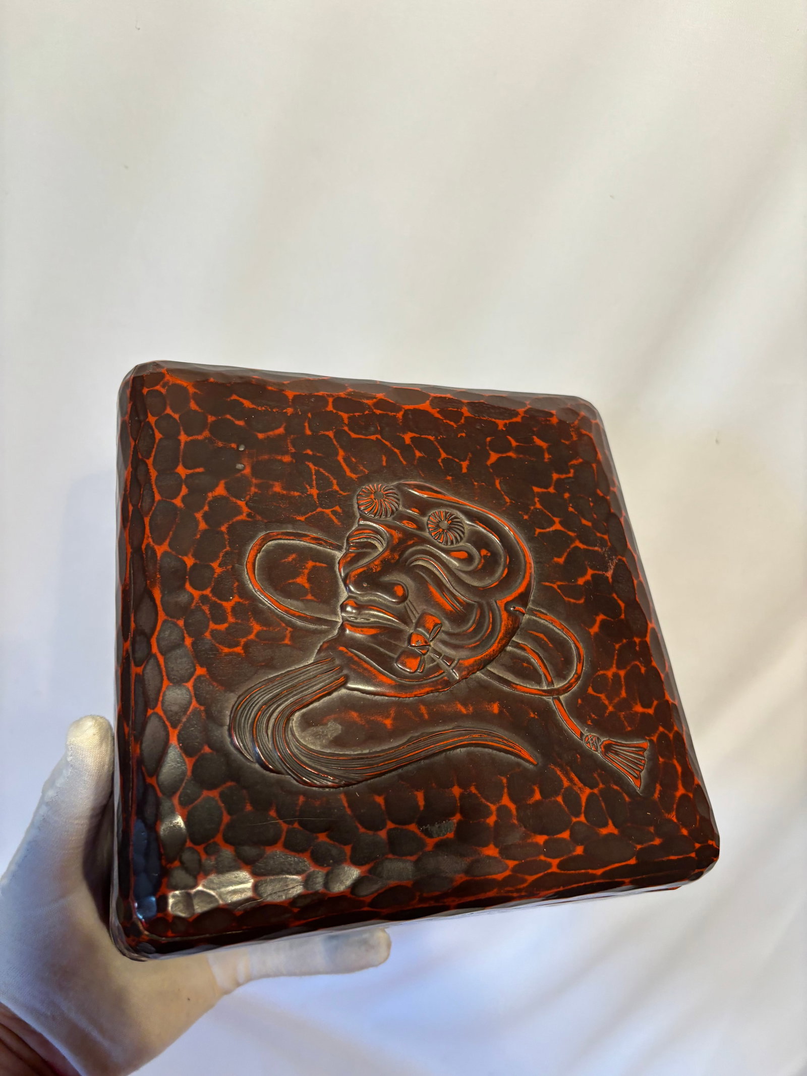 Japanese Red And Black Lacquered Covered Box With Figural Relief ...