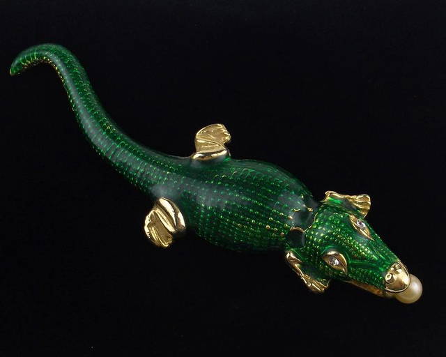 Gorgeous Vintage Enameled Rhinestone Alligator Brooch