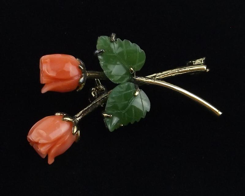 Mint Vintage 1960s Jade Red Coral Rose Brooch