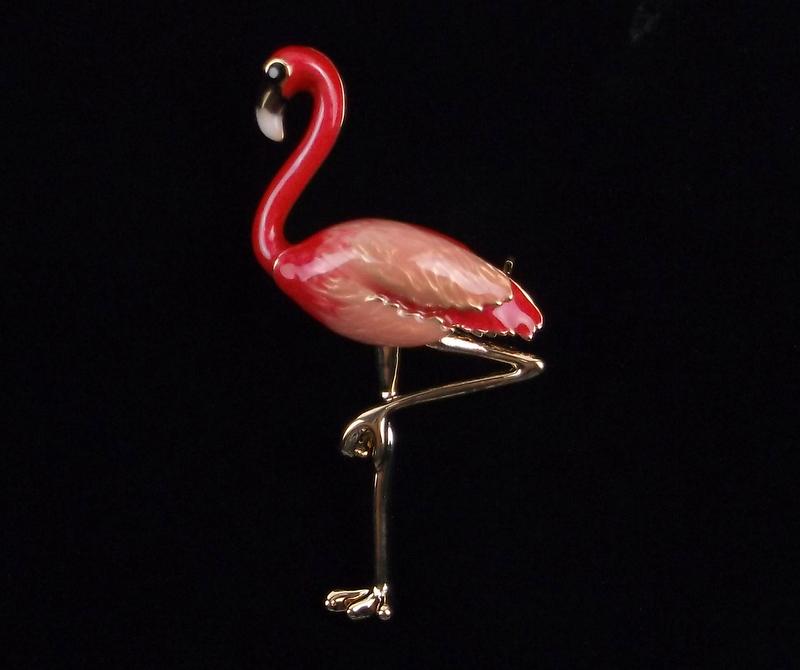 Mint Enameled Rhinestone Flamingo Bird Brooch