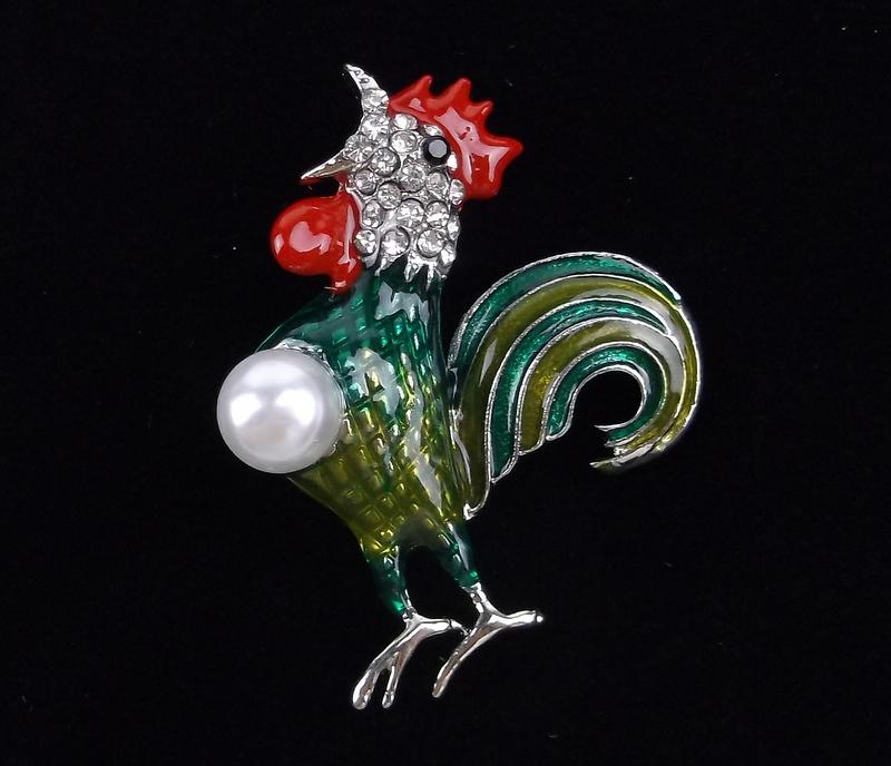 Mint Enameled Rhinestone Rooster Chicken Brooch