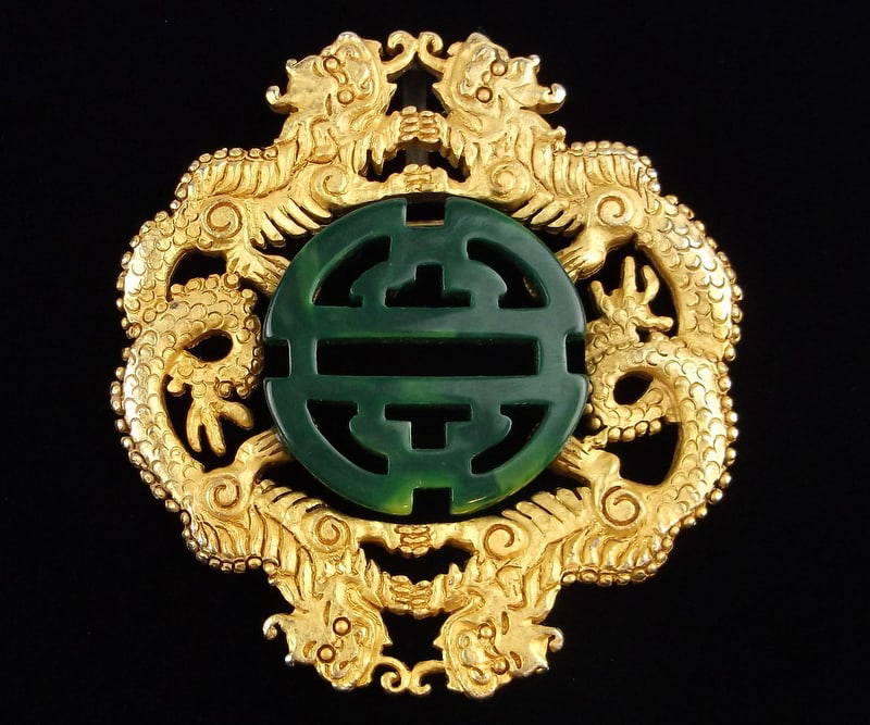 Rare Lia Lianna Vint Jade Color Bakelite Dragon Brooch Big Auction