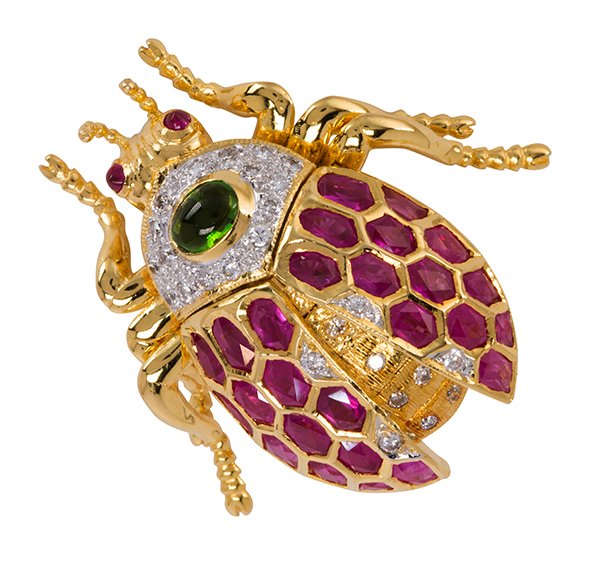 Ruby, peridot, diamond and 18k yellow gold beetle