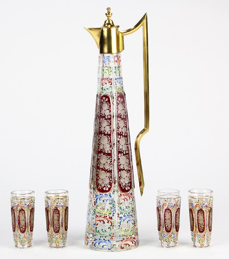 (lot of 5) Moser cut and enamel decorated decanter set