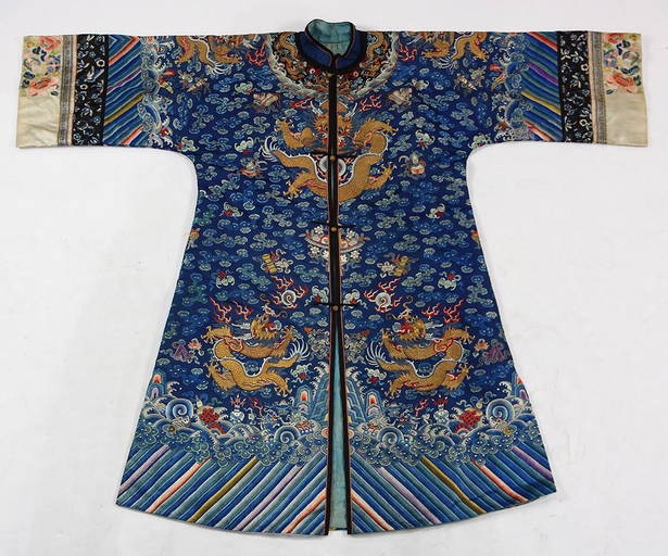 Chinese Button Front Blue Dragon Robe