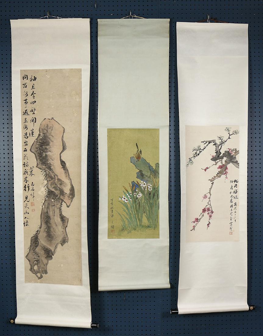 Three Chinese Scrolls, Flowers And Rocks